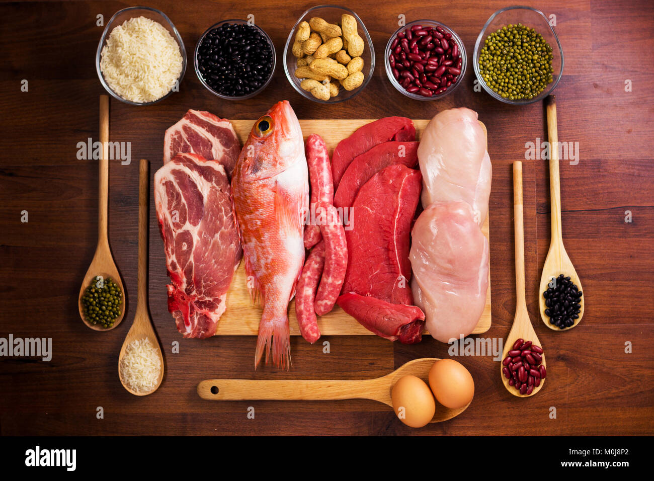 Different types of healthy uncooked proteins Stock Photo - Alamy