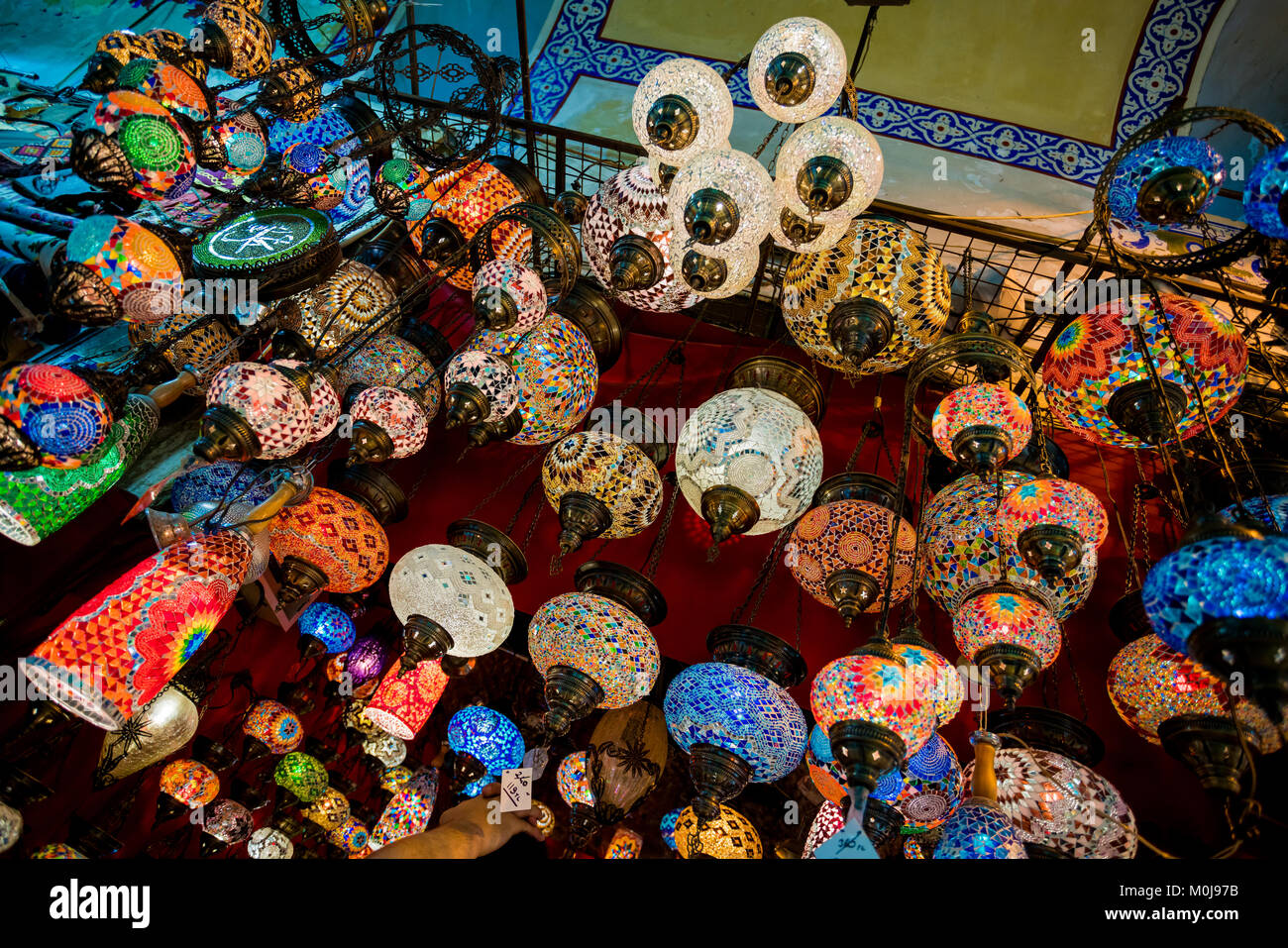 oriental lamps on a bazaar. traditional handmade lamps in souvenir shop ...