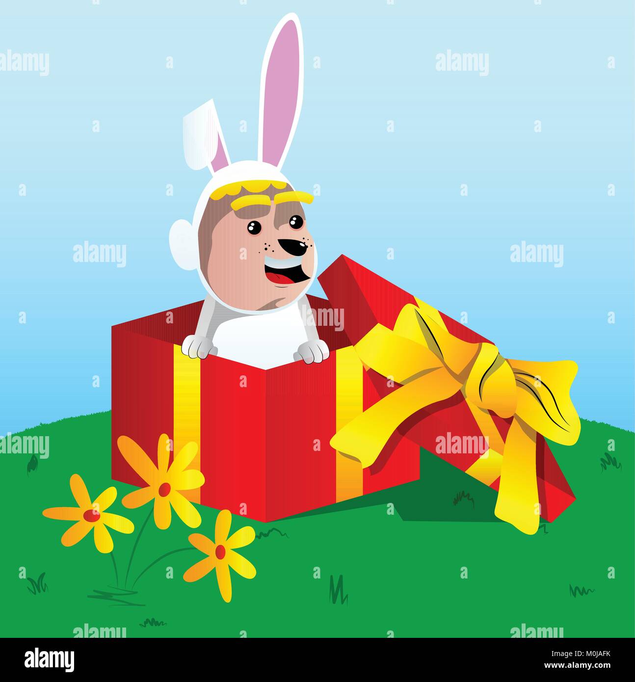 Boy dressed as Easter bunny in a gift box. Vector cartoon character ...