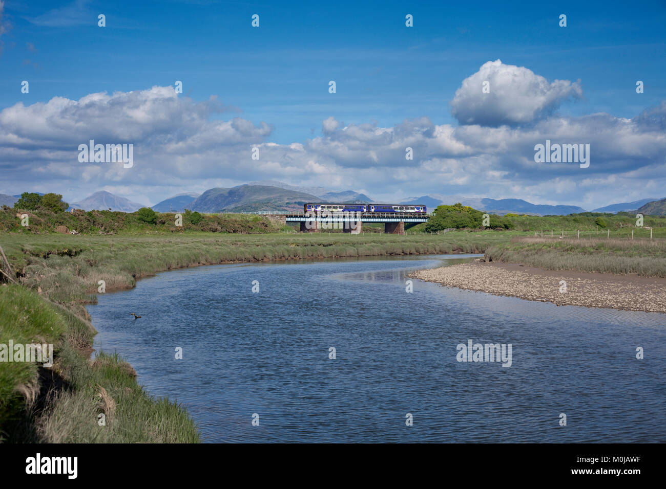 Arriva Northern rail class 156 sprinter train crossing the river Irt at ...
