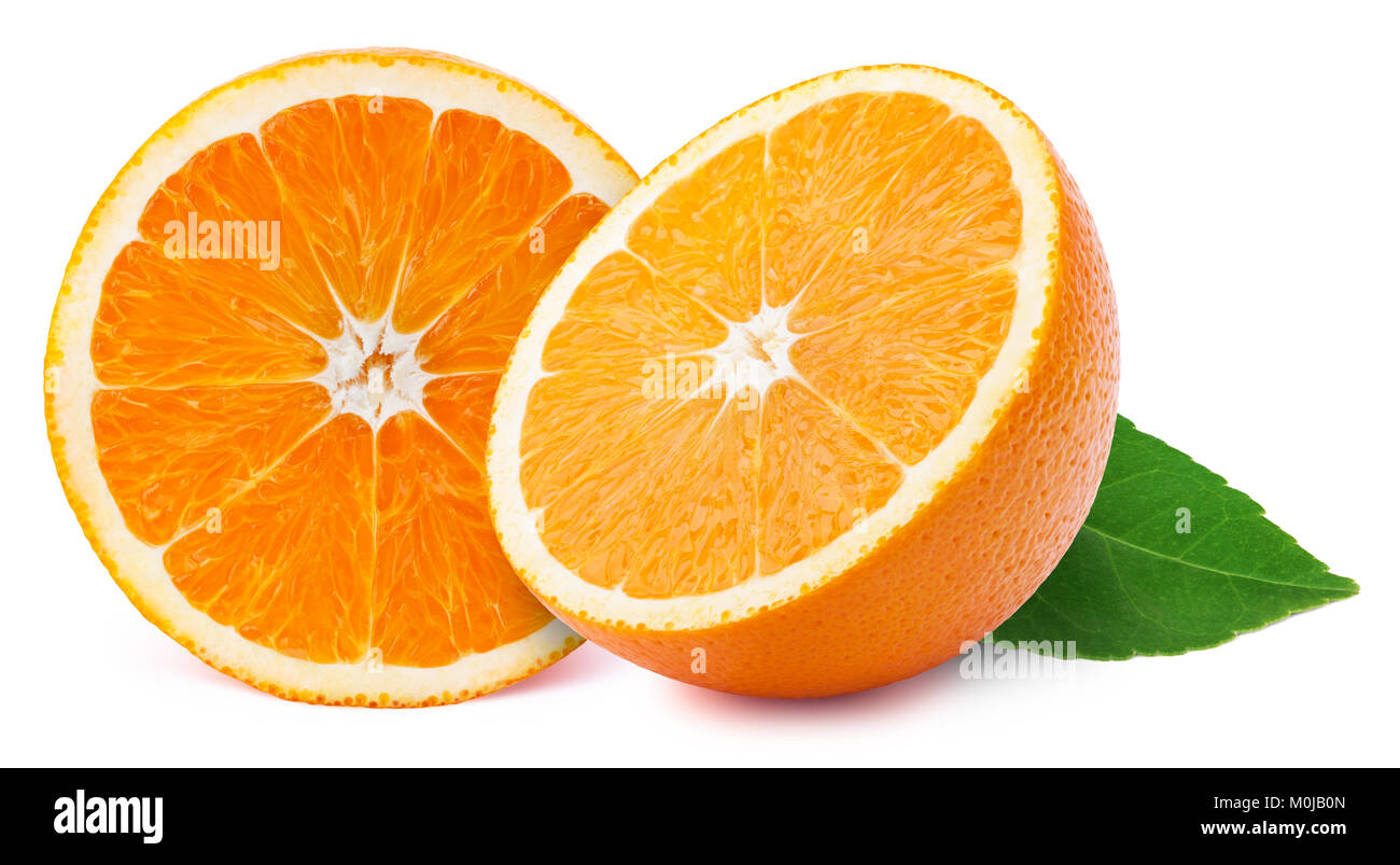 Halfs of orange with leaves isolated Stock Photo - Alamy