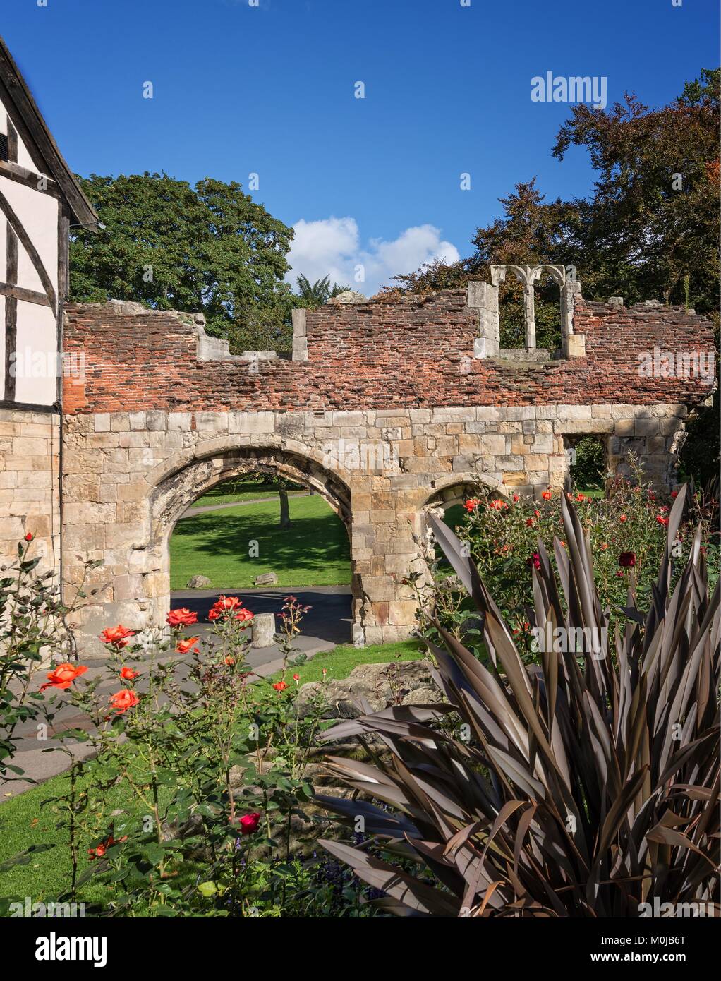 Crumbling, ancient wall set in gardens with roses in the foreground ...
