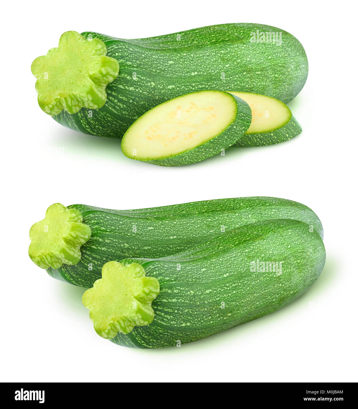 Isolated zucchini. Two images of whole and cut zucchini fruits isolated ...