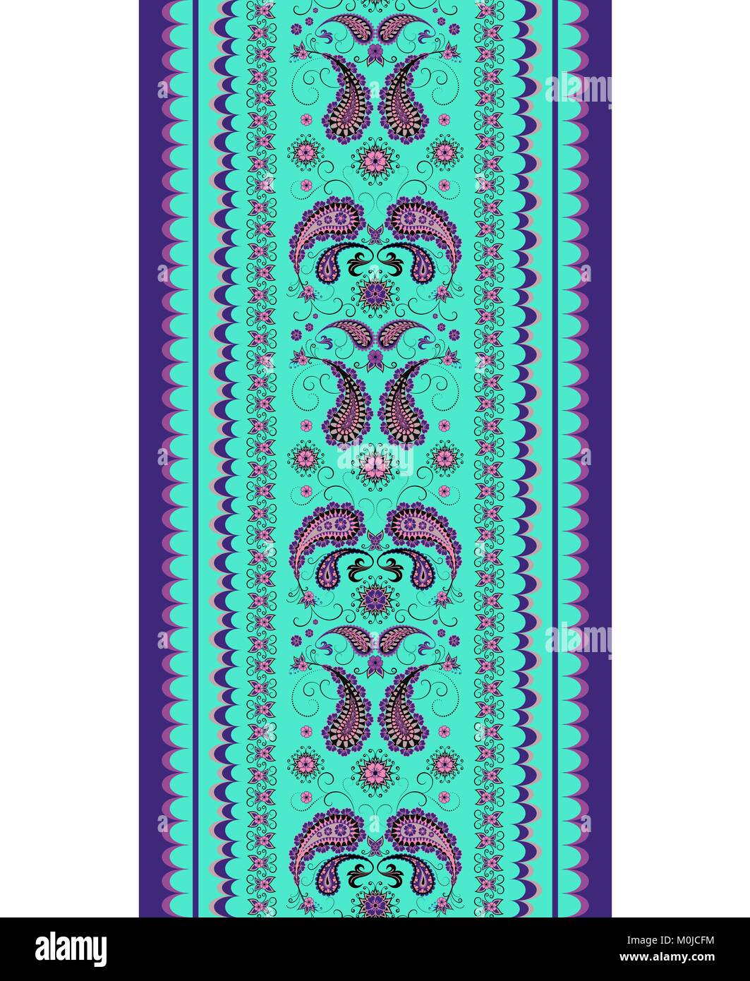 Pink paisley pattern on a turquoise background. Seamless borders ...
