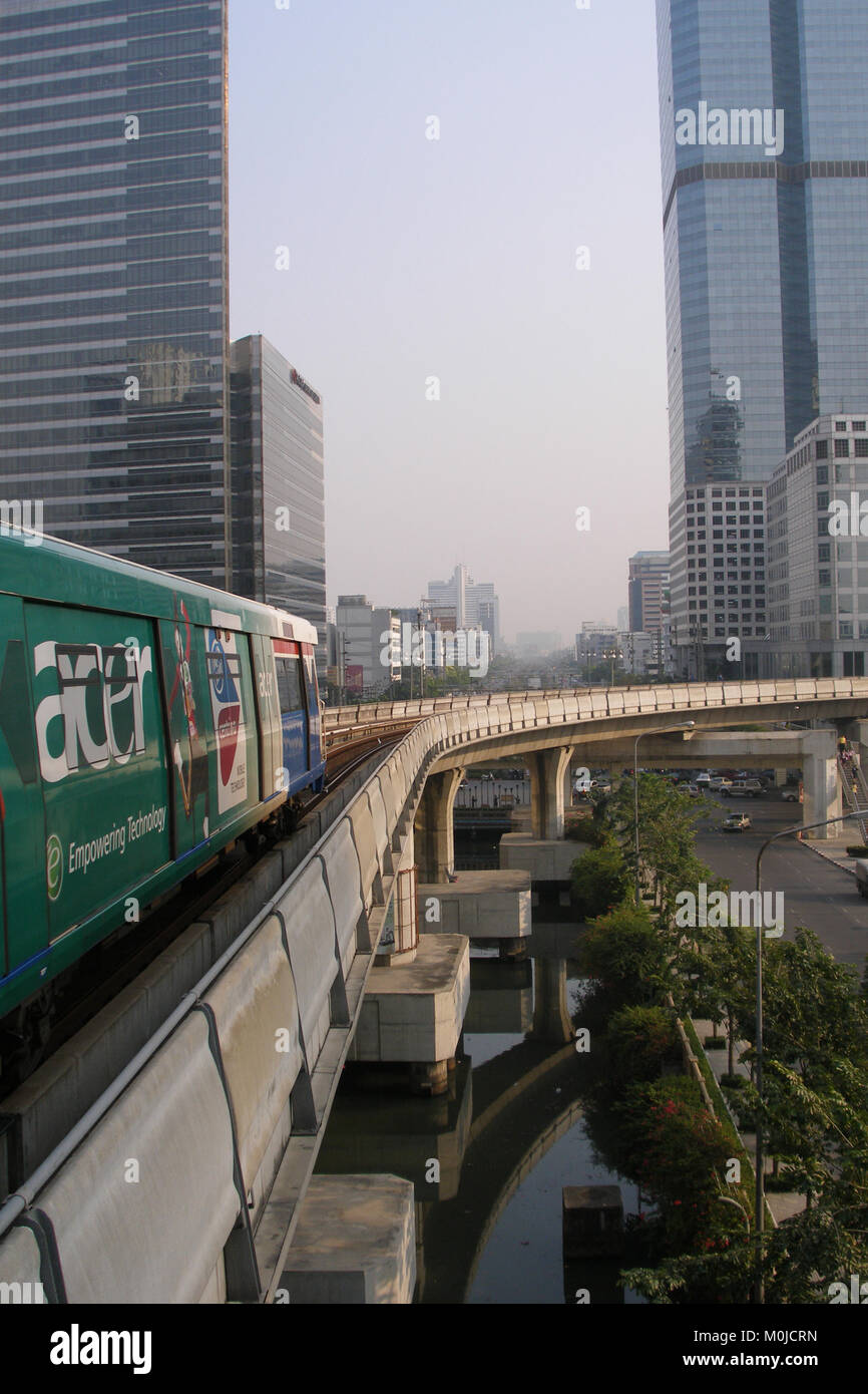 Train running the BTS Skytrain track in central Bangkok, The system ...