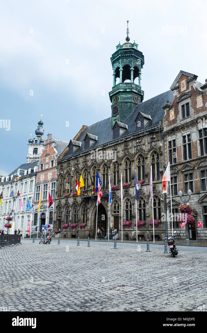 Belgium: the town hall in the Grand-Place square in Mons in the Hainaut ...