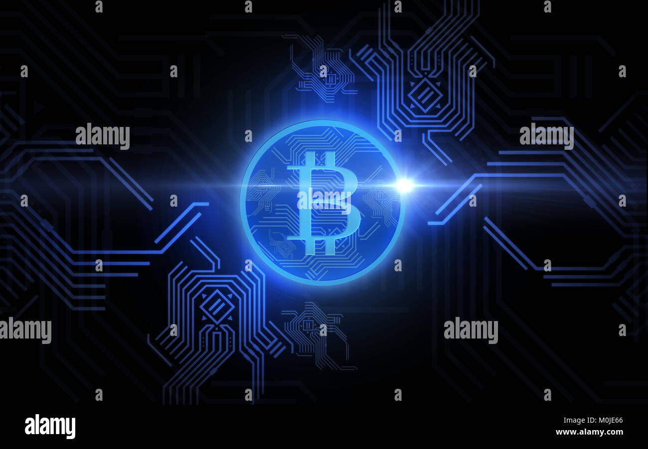 blue bitcoin projection over black background Stock Photo - Alamy