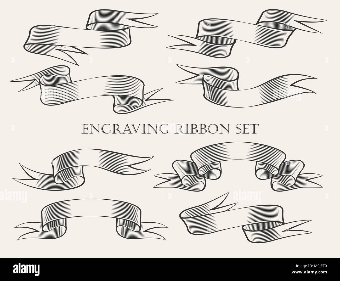 Set of ribbon drawn in engraving style. Elements for retro design. Vector illustration Stock ...