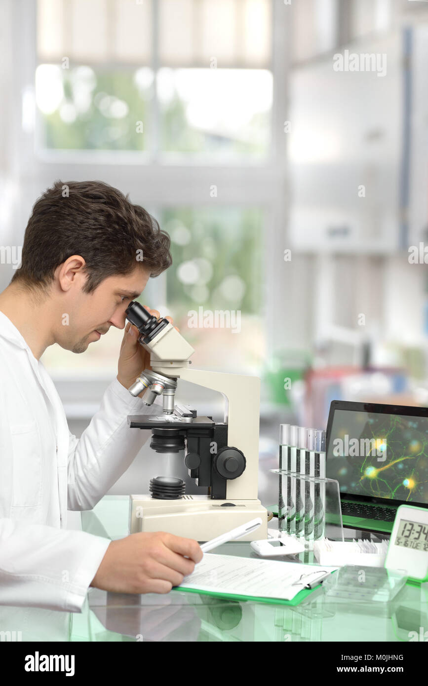 Male researcher, scientist or tech works with microscope in modern ...