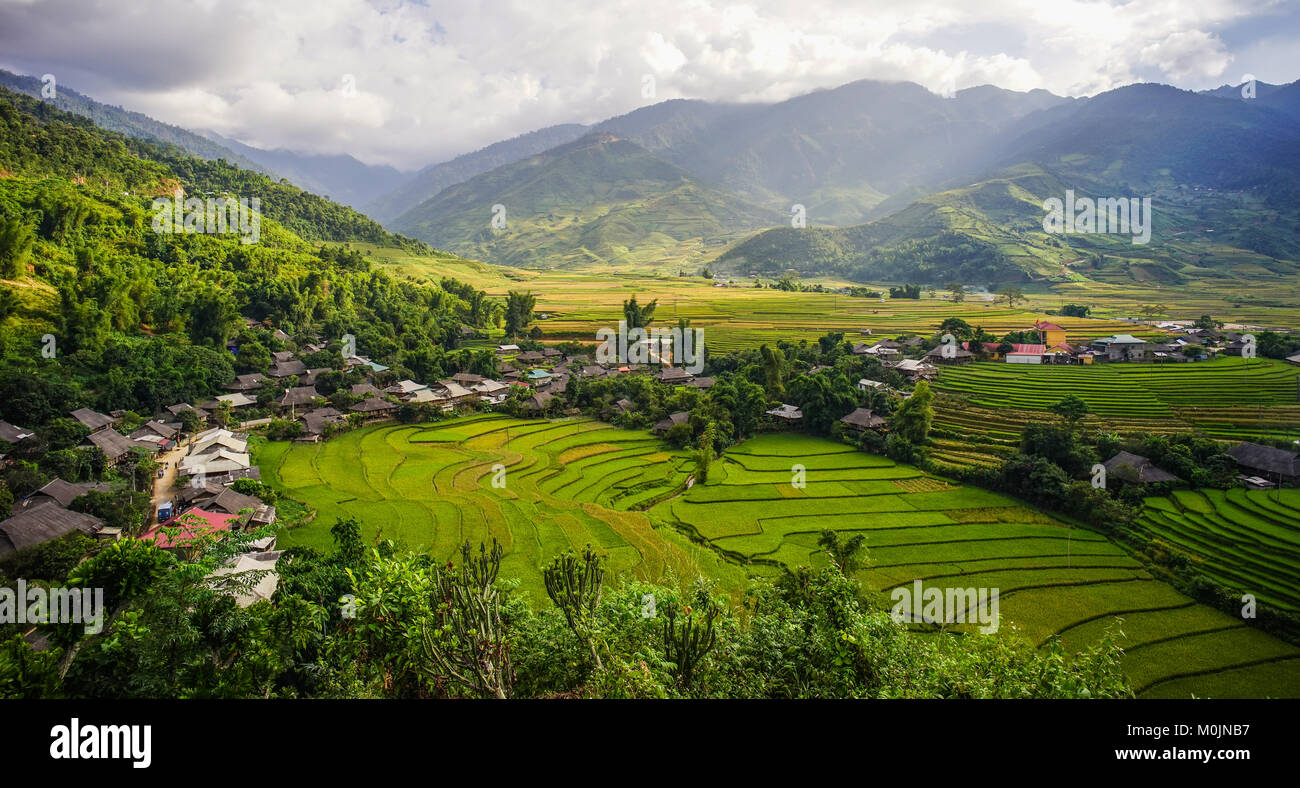 Hmong village with terraced rice field in Northern Vietnam Stock Photo ...