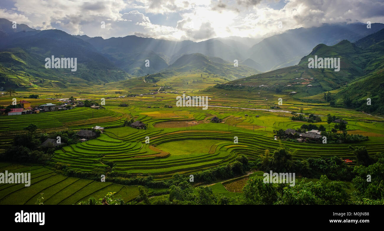 Hmong village with terraced rice field at sunny day in Northern Vietnam ...