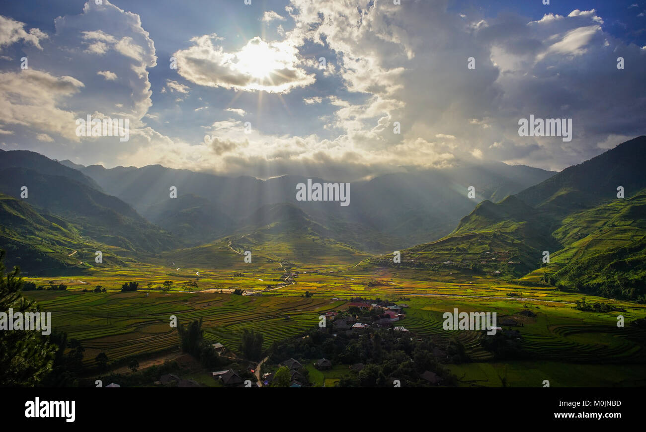 Hmong village with terraced rice field under sun light in Northern ...