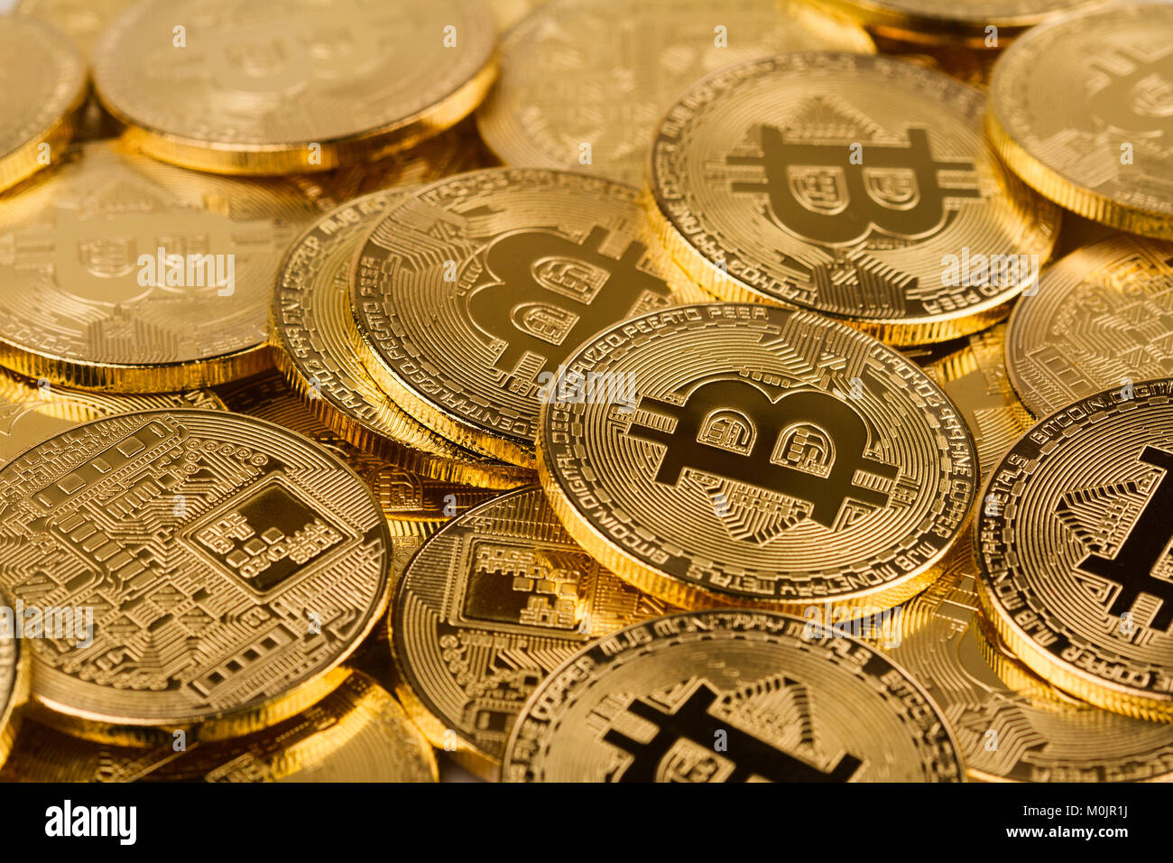 horizontal top view pile of many golden bitcoins background texture ...