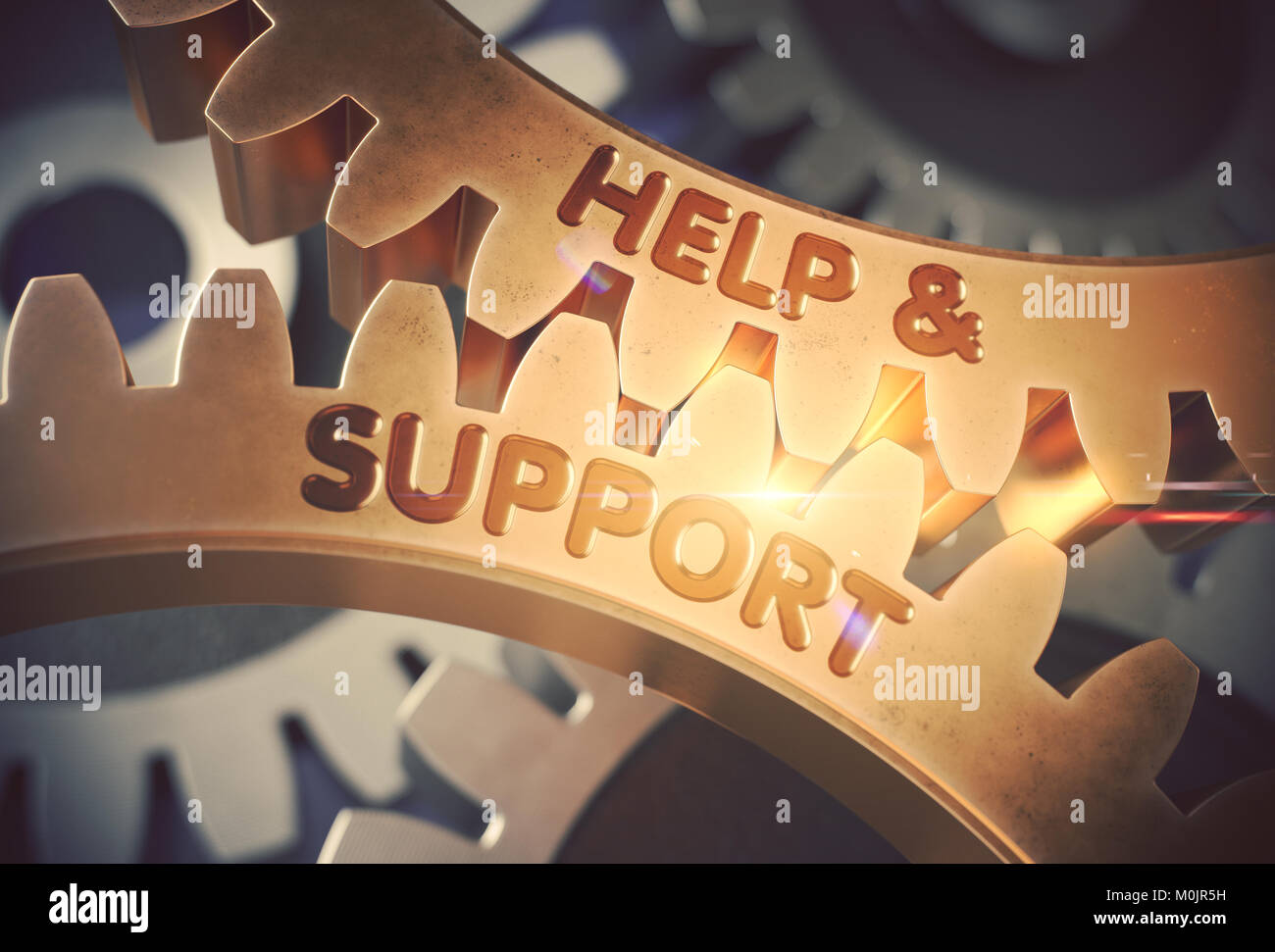 Help And Support on Golden Gears. 3D Illustration Stock Photo - Alamy