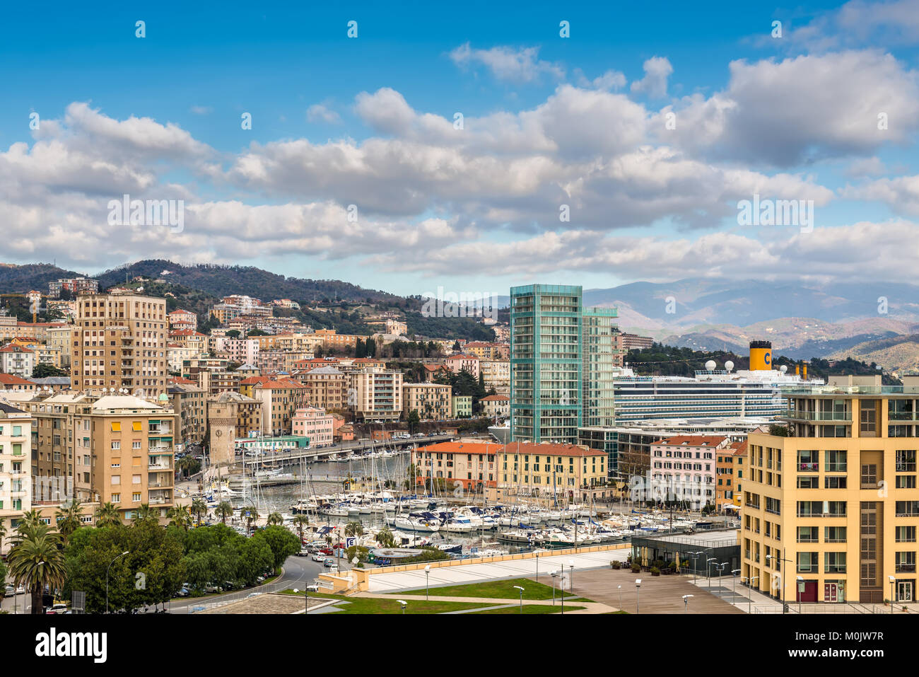 Savona, Italy - December 2, 2016: Cityscape with the marina viewed from ...