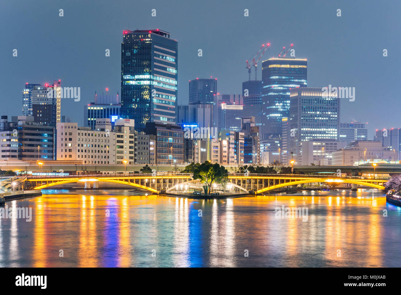 OSAKA, JAPAN - JANUARY 23: Night view of Osaka financial district ...