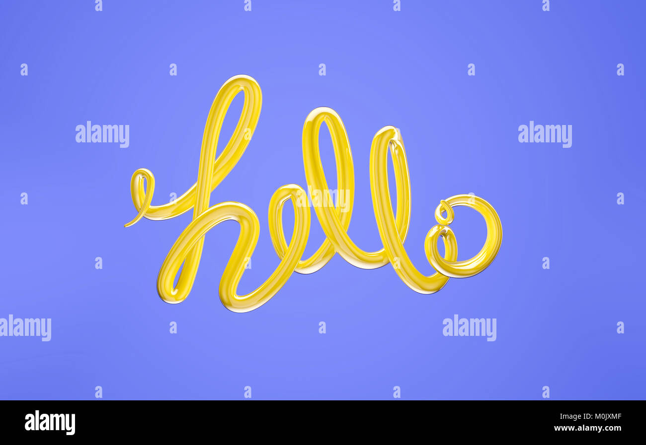 3D illustration of calligraphic hand written hello script over blue ...