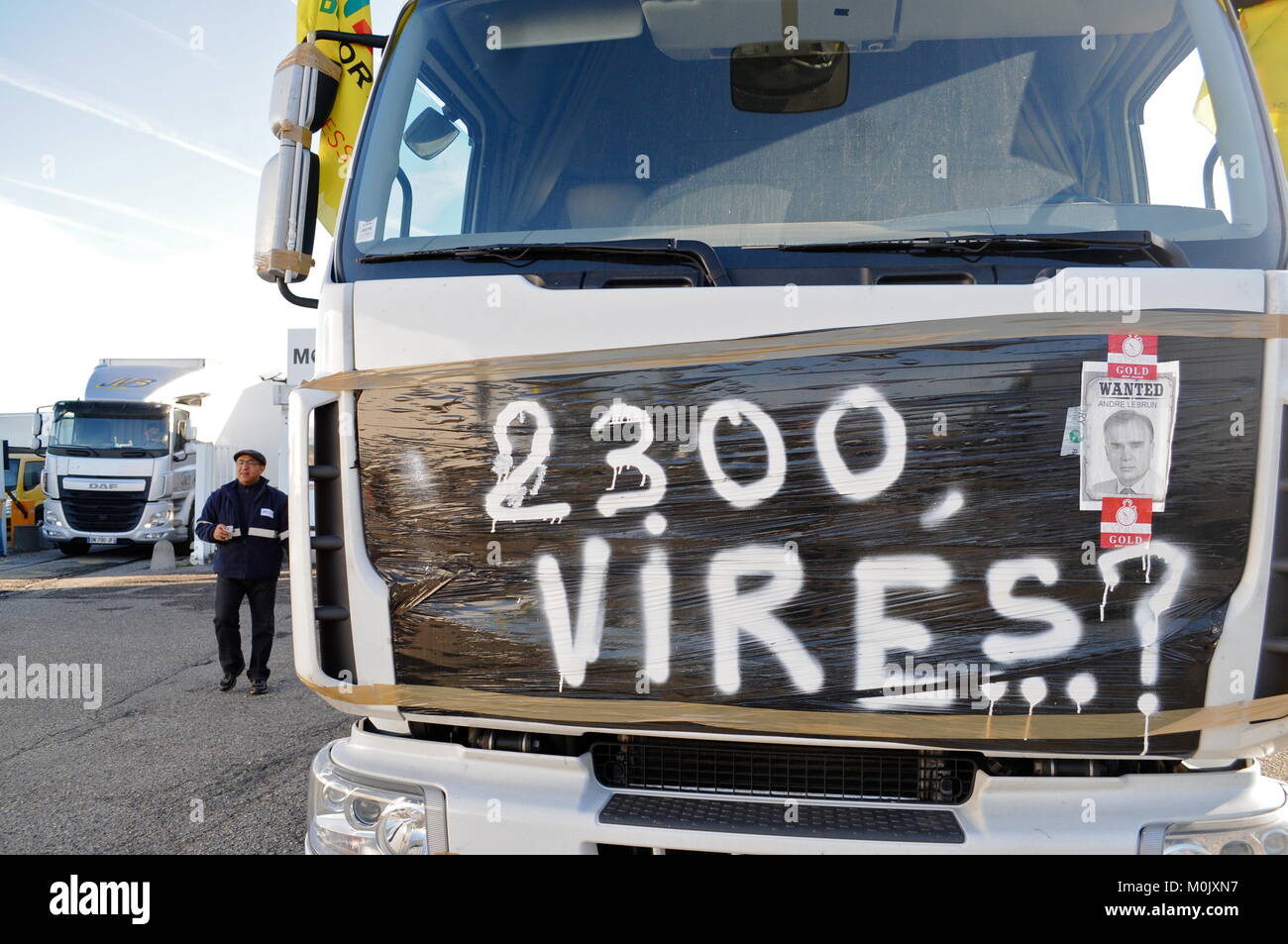 Mory-Team truck drivers on strike to protest job cuts, Corbas, France ...