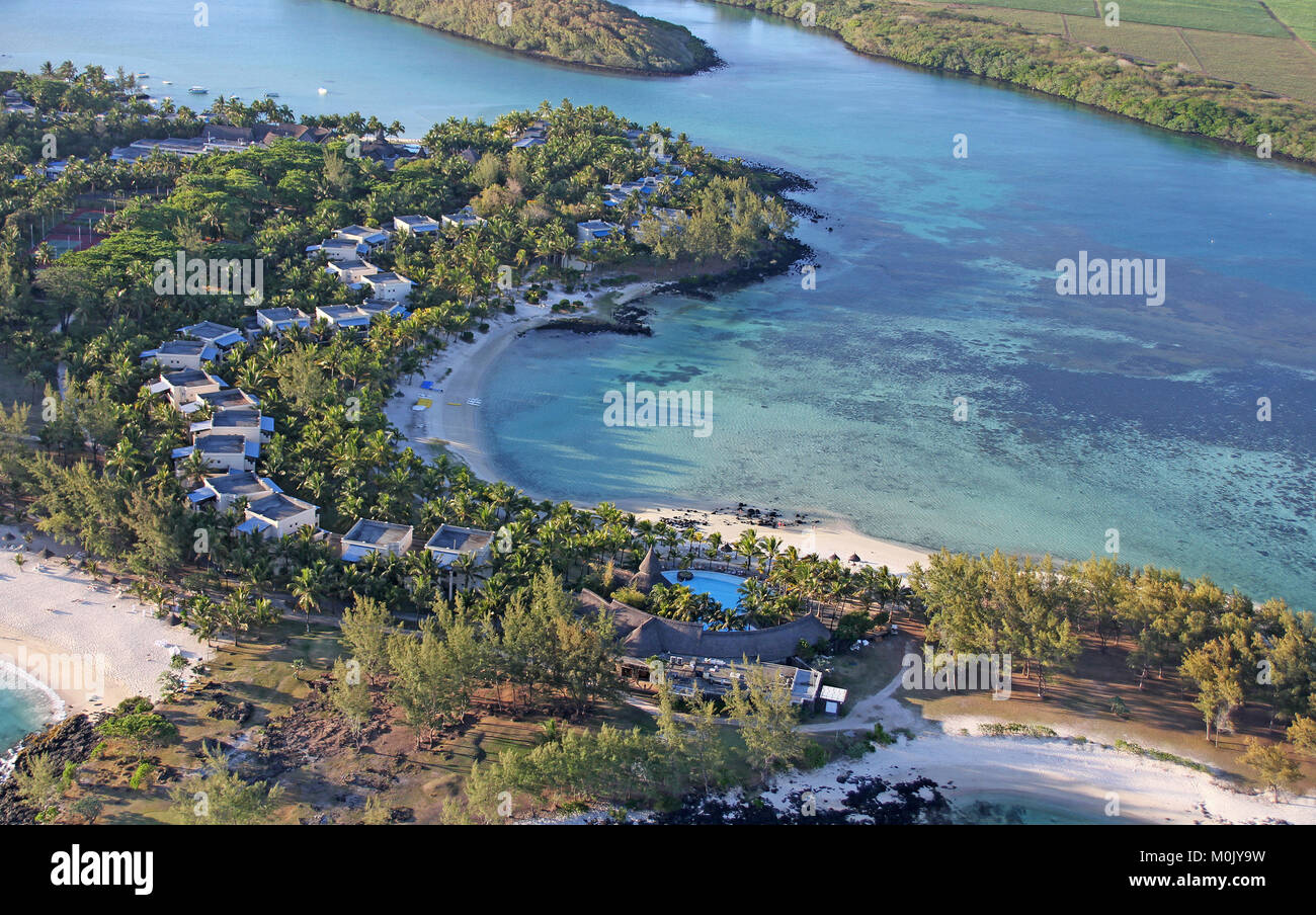 View of rocky coastline with beaches from a helicopter, Savanne ...
