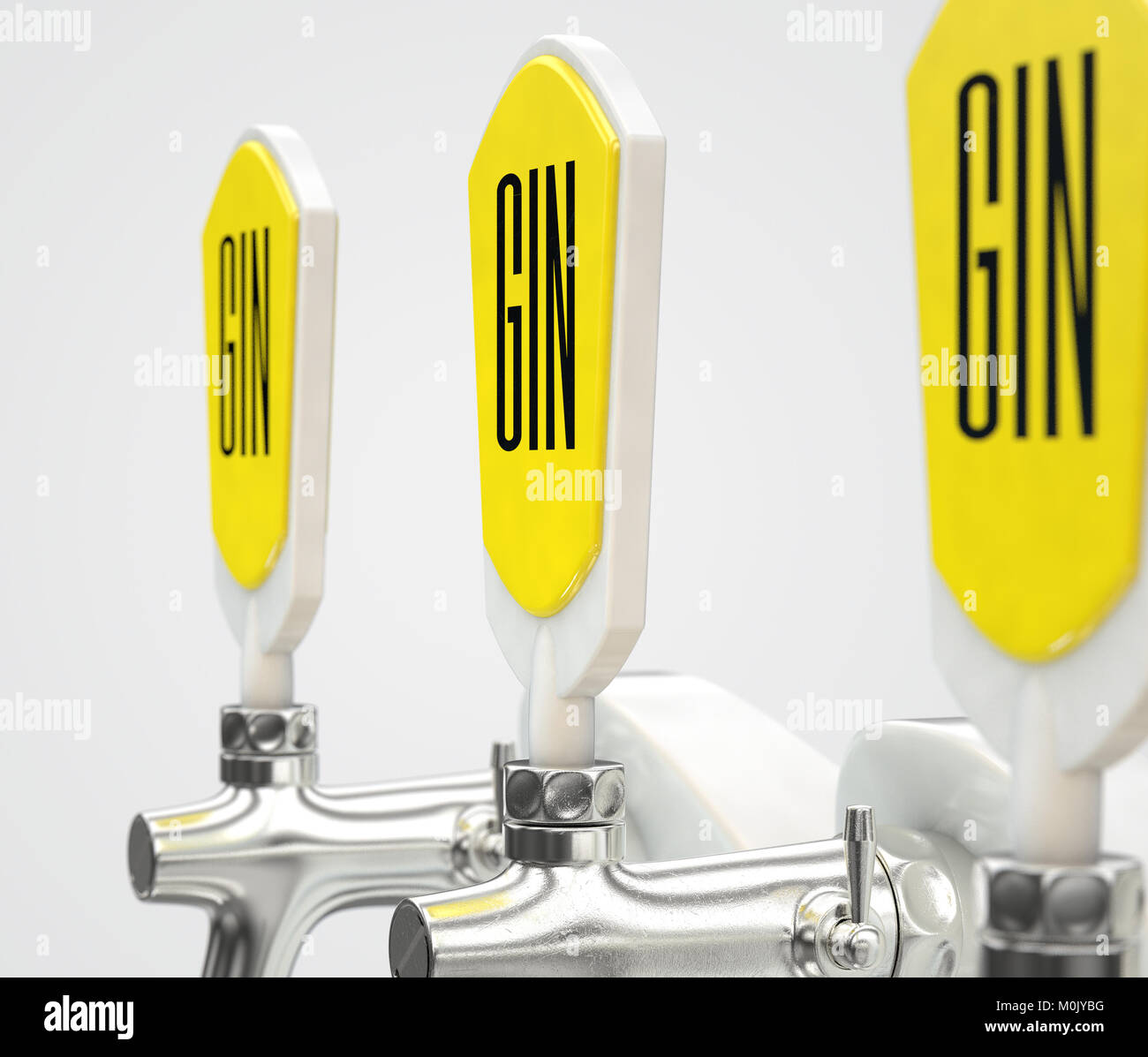 A row of three slick modern white and chrome draught gin taps on an ...