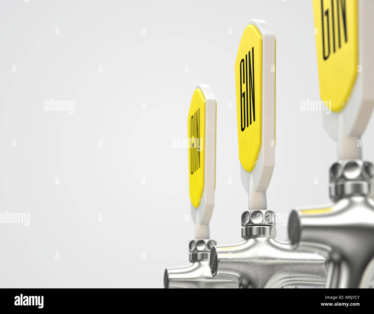 A row of three slick modern white and chrome draught gin taps on an ...
