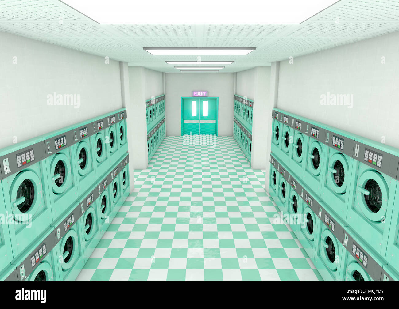 A look down a well lit clean aisle of turquoise industrial washing ...