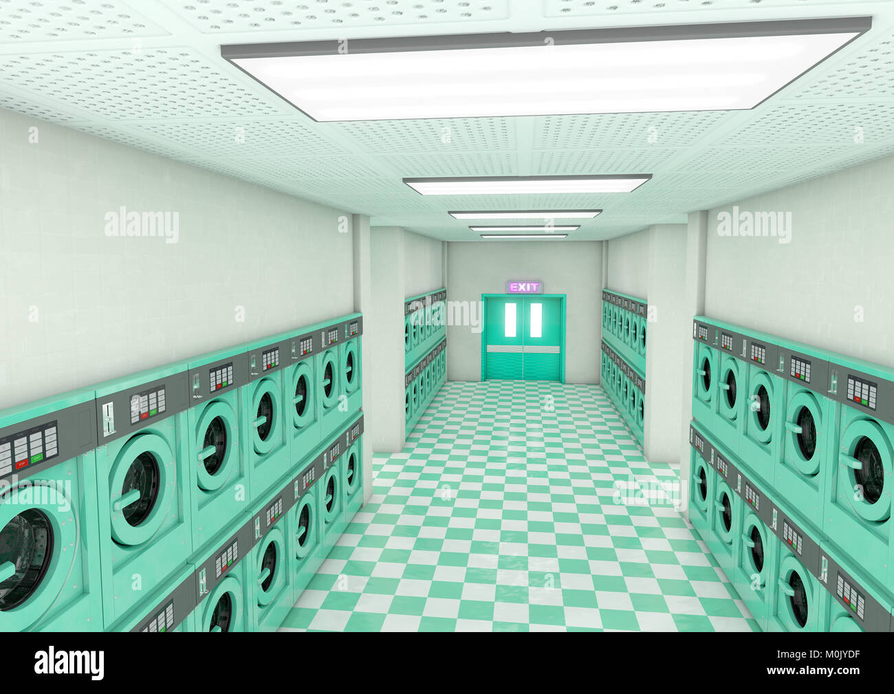 A look down a well lit clean aisle of turquoise industrial washing ...