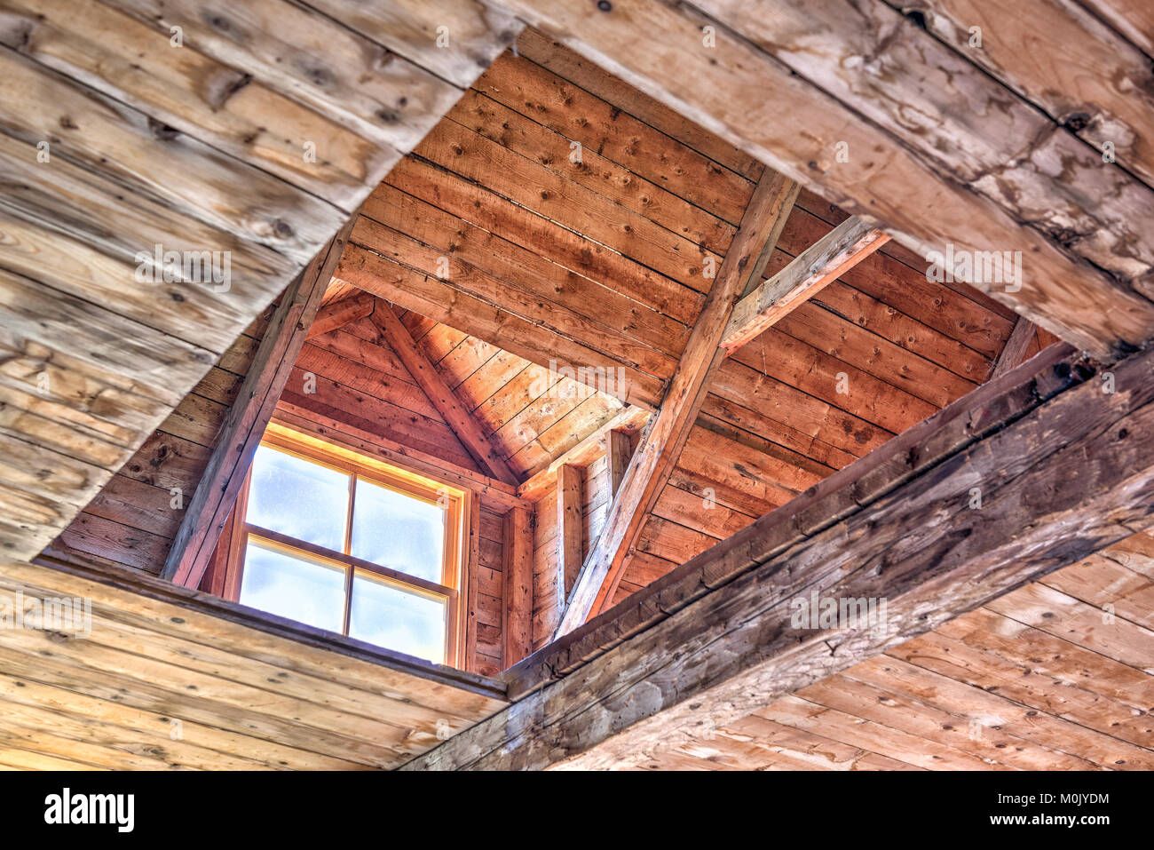 Vibrant colorful wooden interior of old, abandoned house with small ...