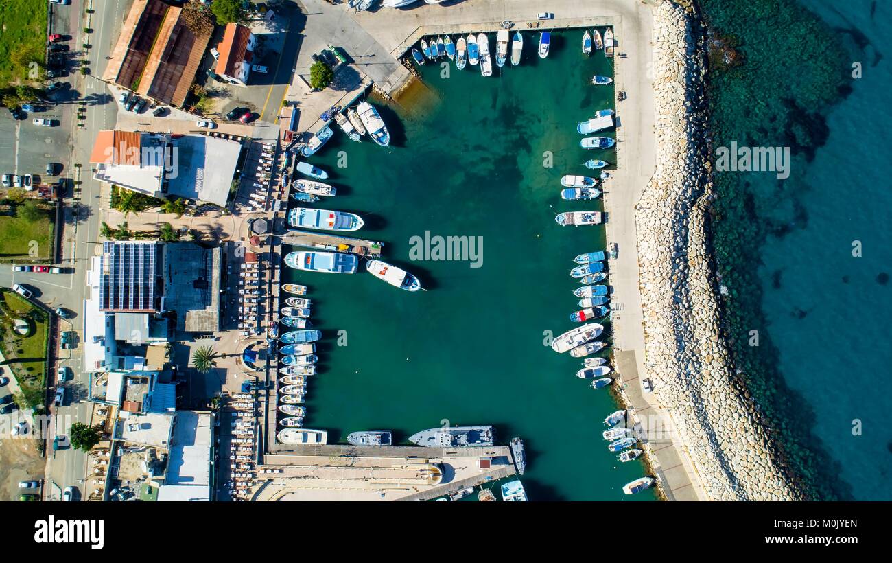 Aerial bird's eye view of Latchi port, Akamas peninsula, Polis ...