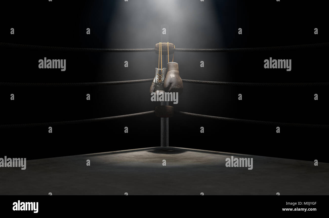 A closeup of the corner of an old vintage boxing ring surrounded by ...