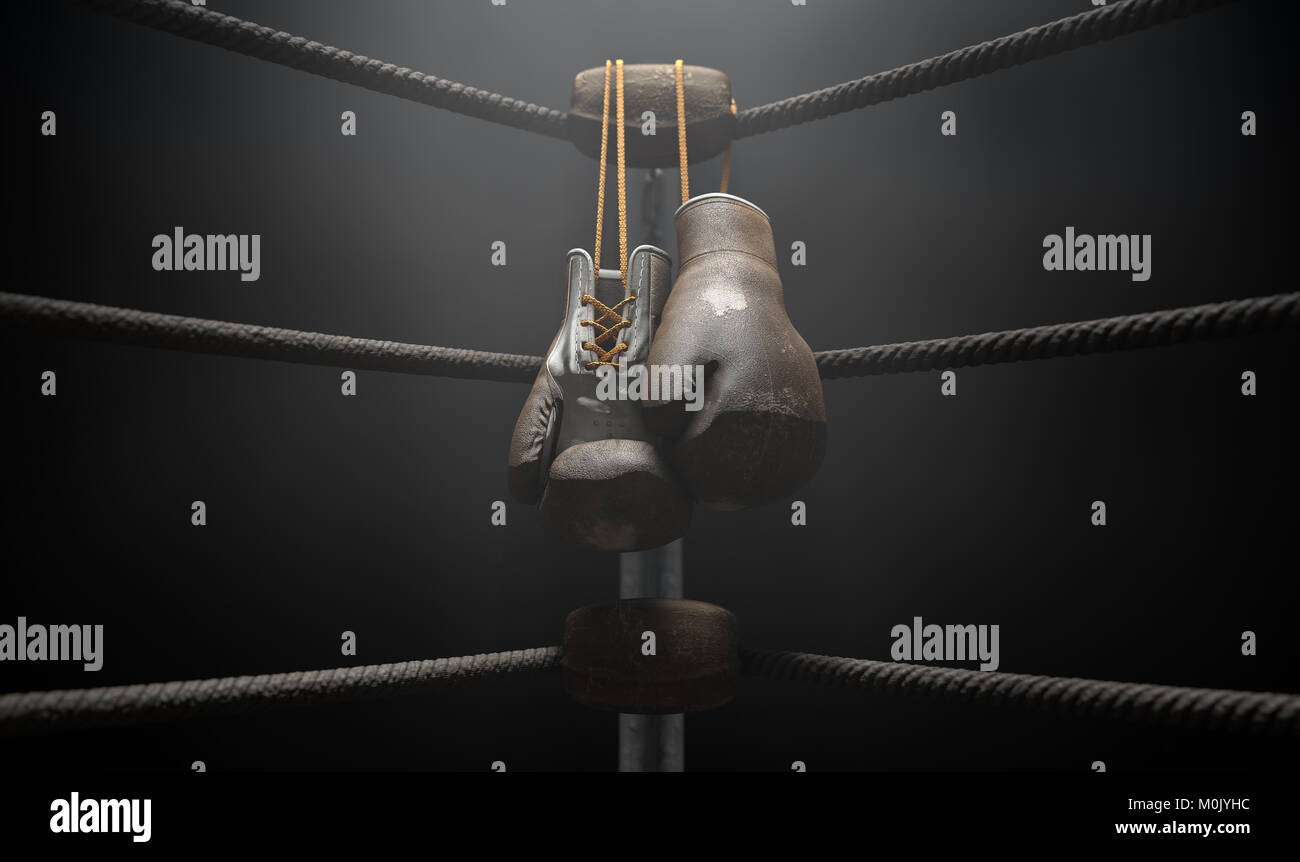 A closeup of the corner of an old vintage boxing ring surrounded by ...