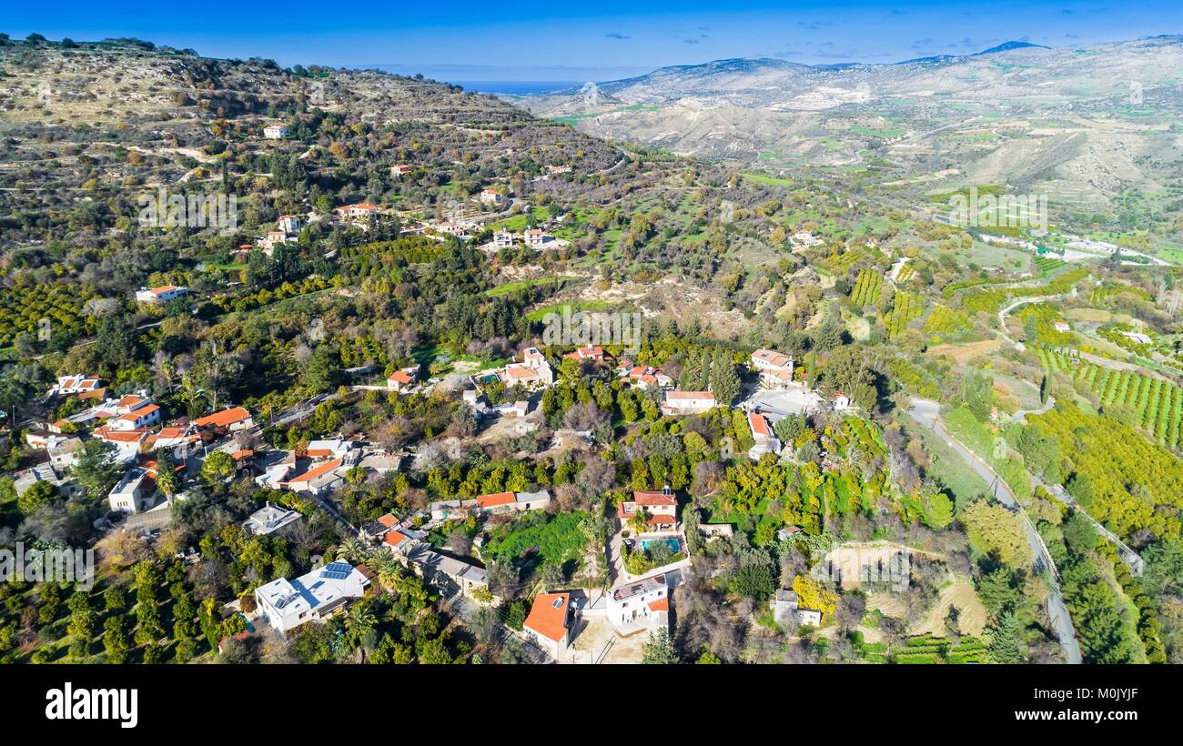Aerial bird eye view of Miliou village hills and Akamas sea at Latchi ...
