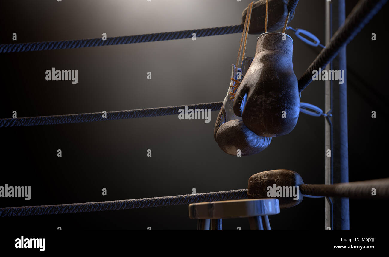 A closeup of the corner of an old vintage boxing ring surrounded by ...