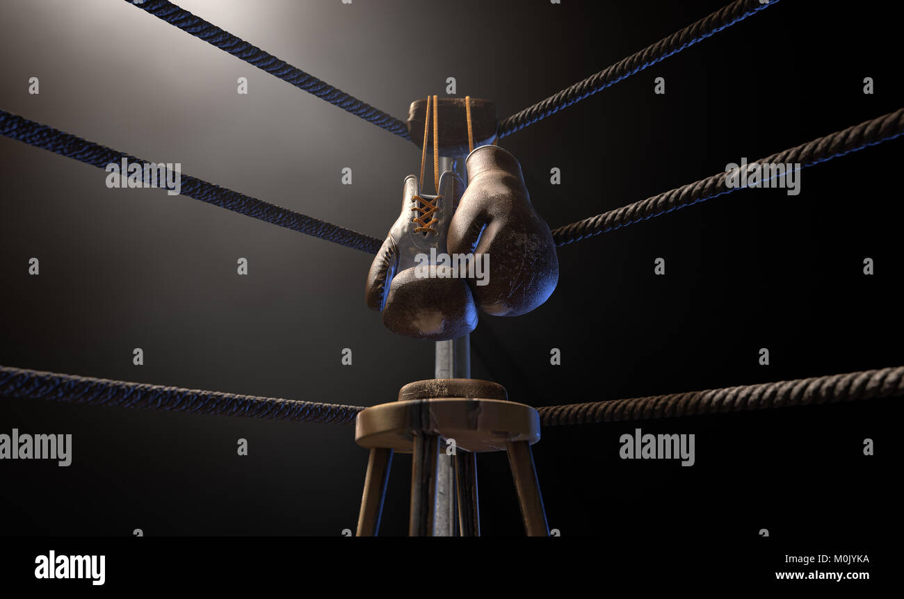 A closeup of the corner of an old vintage boxing ring surrounded by ...
