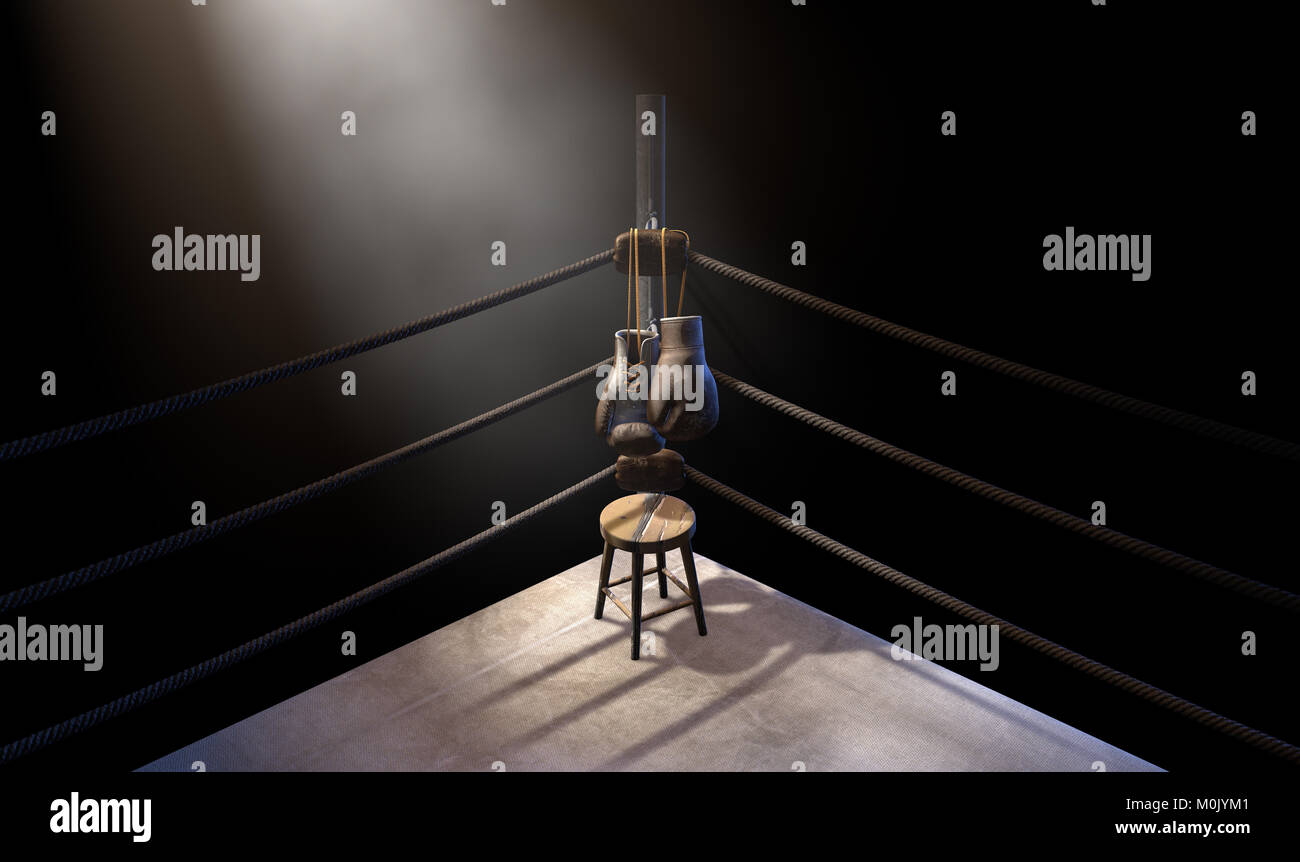 A closeup of the corner of an old vintage boxing ring surrounded by ...