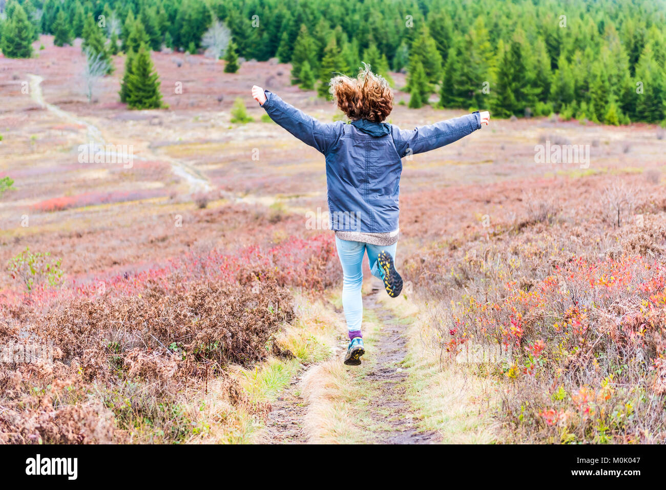 Young athletic, fit, free happy woman running jogging jumping in autumn ...