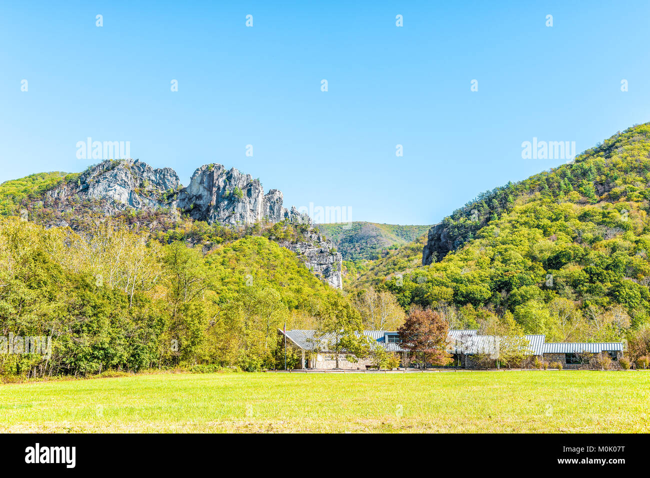 View of Seneca Rocks from visitor center during autumn, golden yellow ...