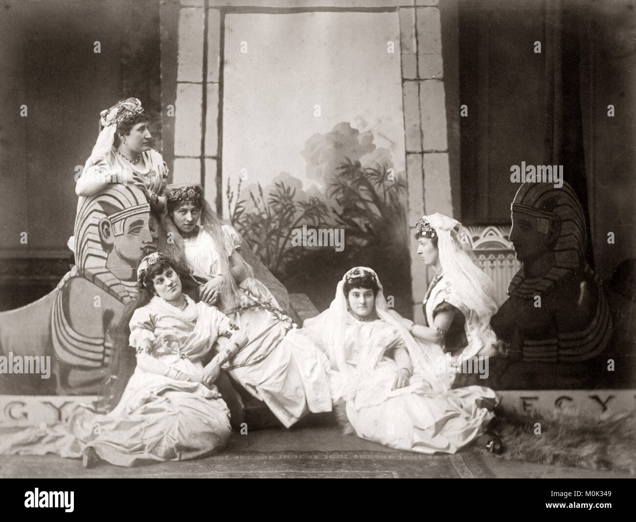 Group portrait of European women in classical Egyptian setting, Egypt ...