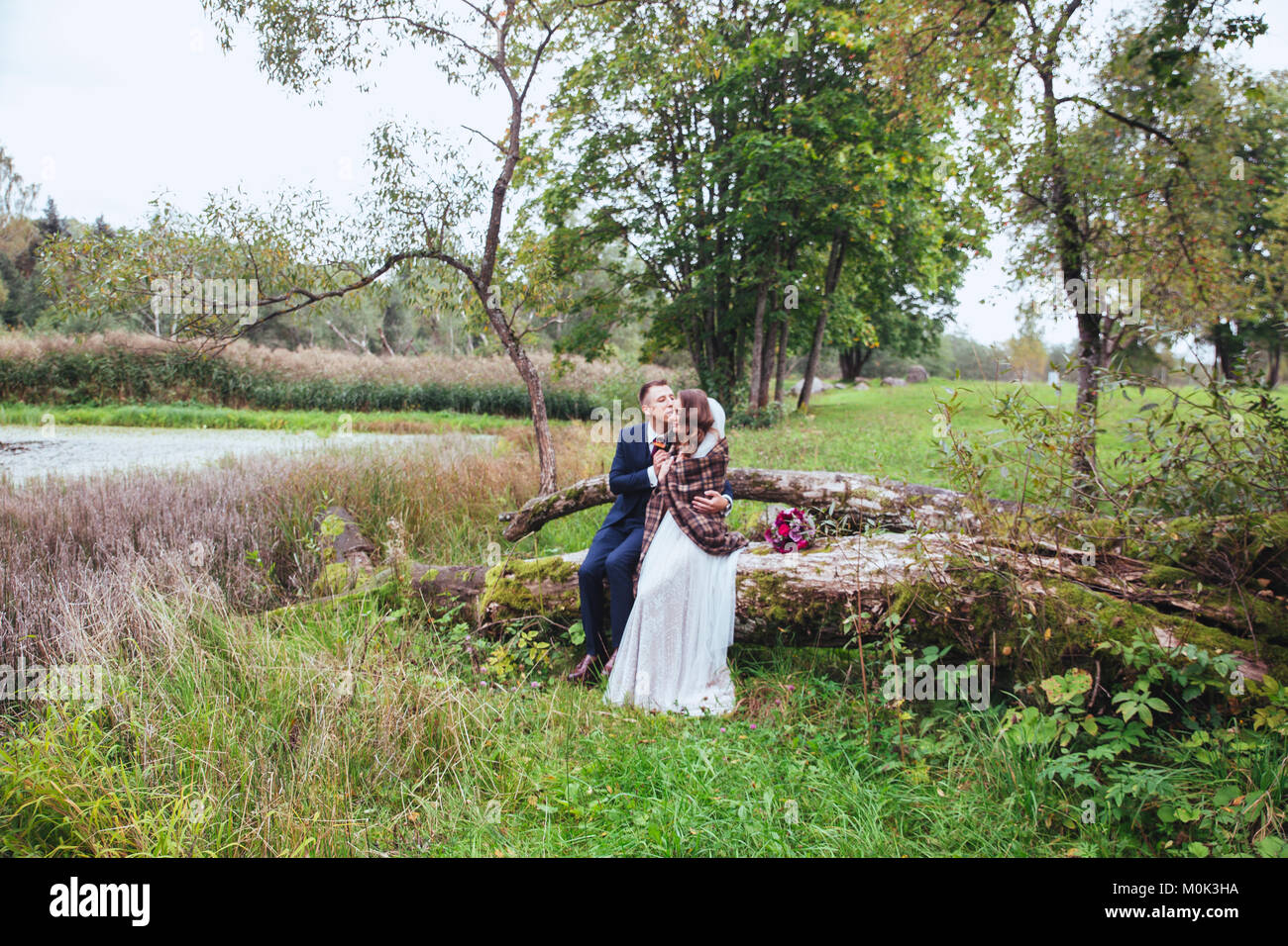Just married couple under a beautiful tree Stock Photo - Alamy
