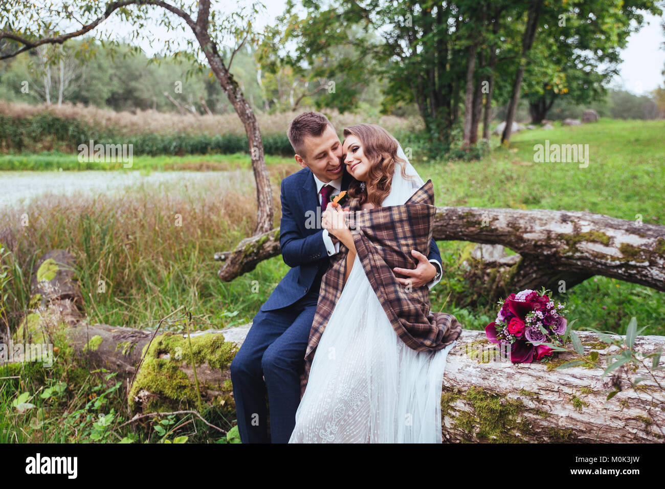 Just married couple under a beautiful tree Stock Photo - Alamy