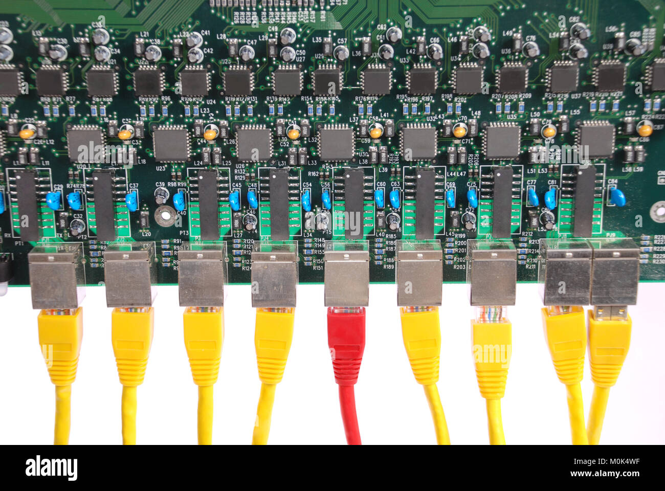 Macro close-up RJ45 network plugs red and yellow. Connect to circuit ...