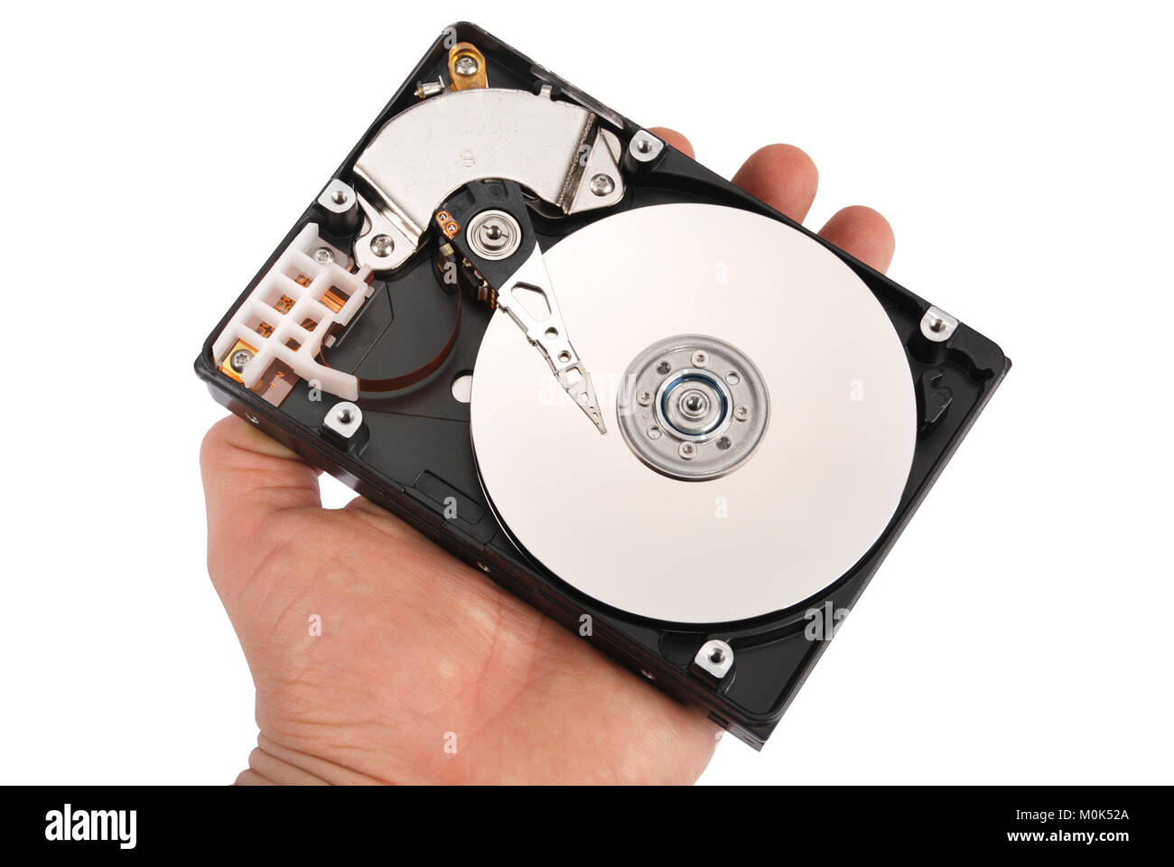 Hand with a open hard disk drive. On a white background Stock Photo - Alamy