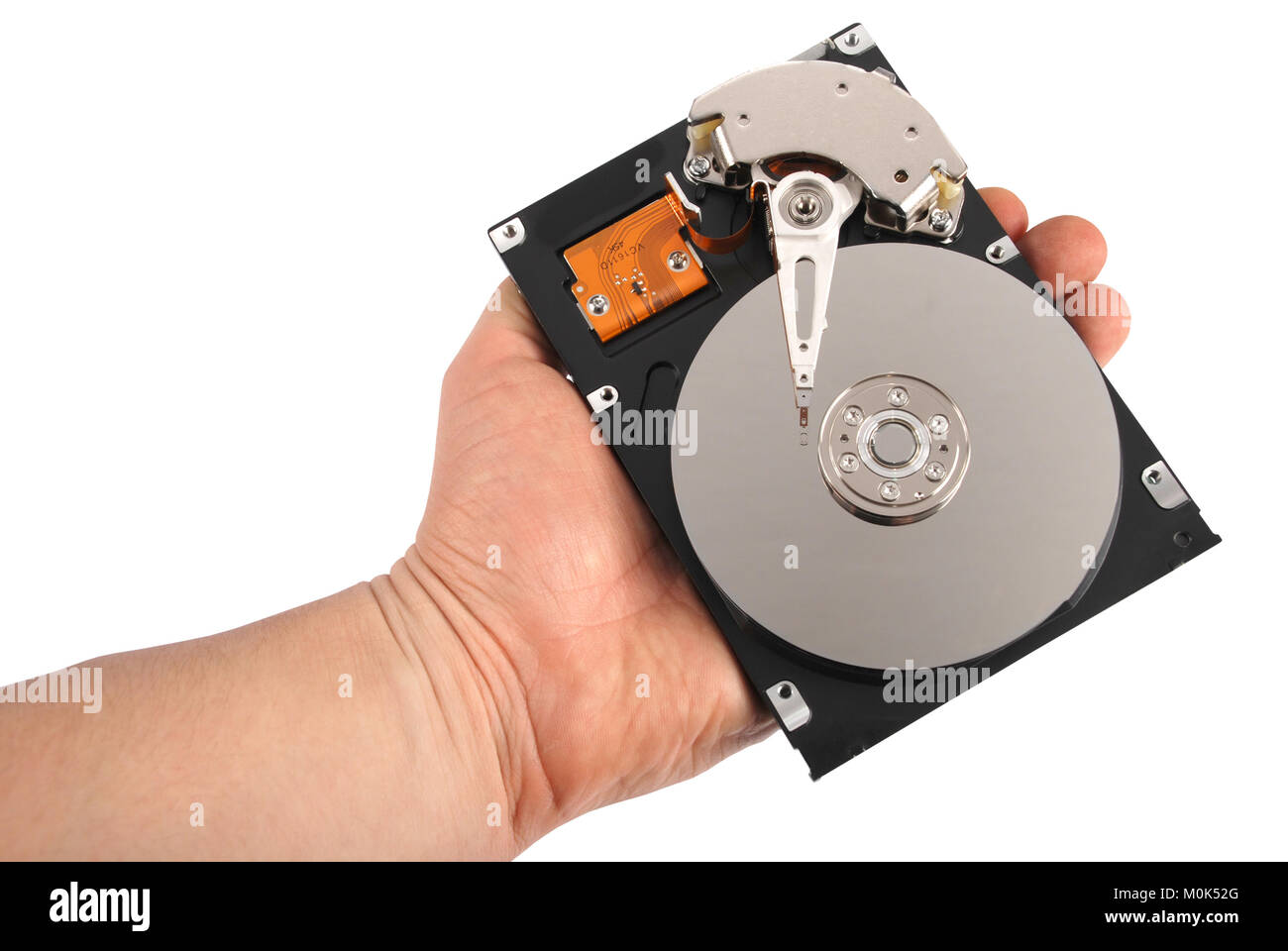Hand with a open hard disk drive. On a white background Stock Photo - Alamy