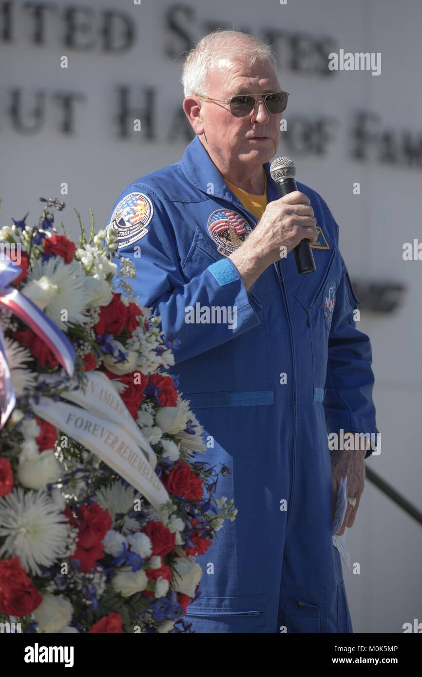 Former NASA astronaut Jon McBride speaks during a memorial honoring ...