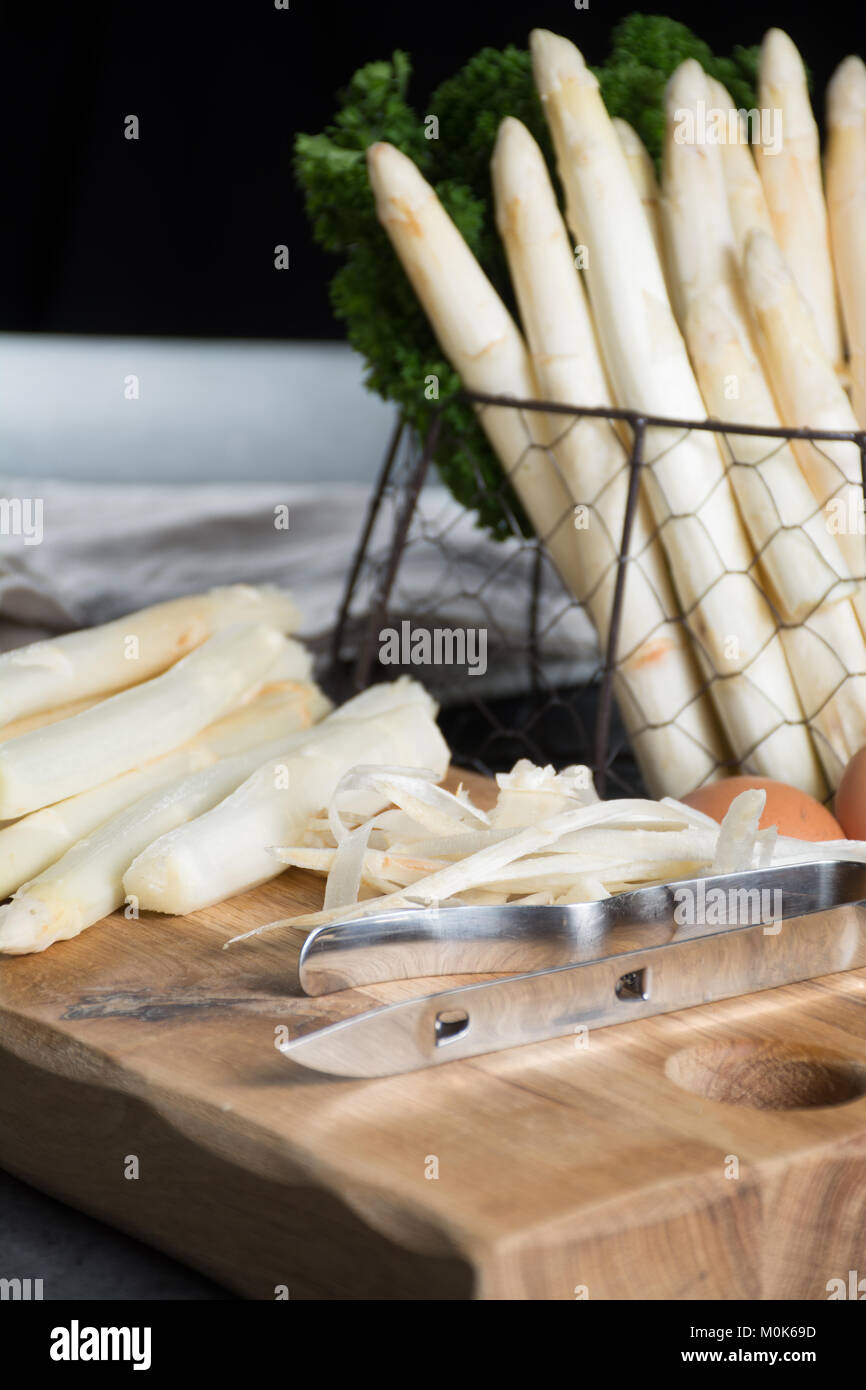Spring season, new harvest of Dutch, German white asparagus, bunch of ...