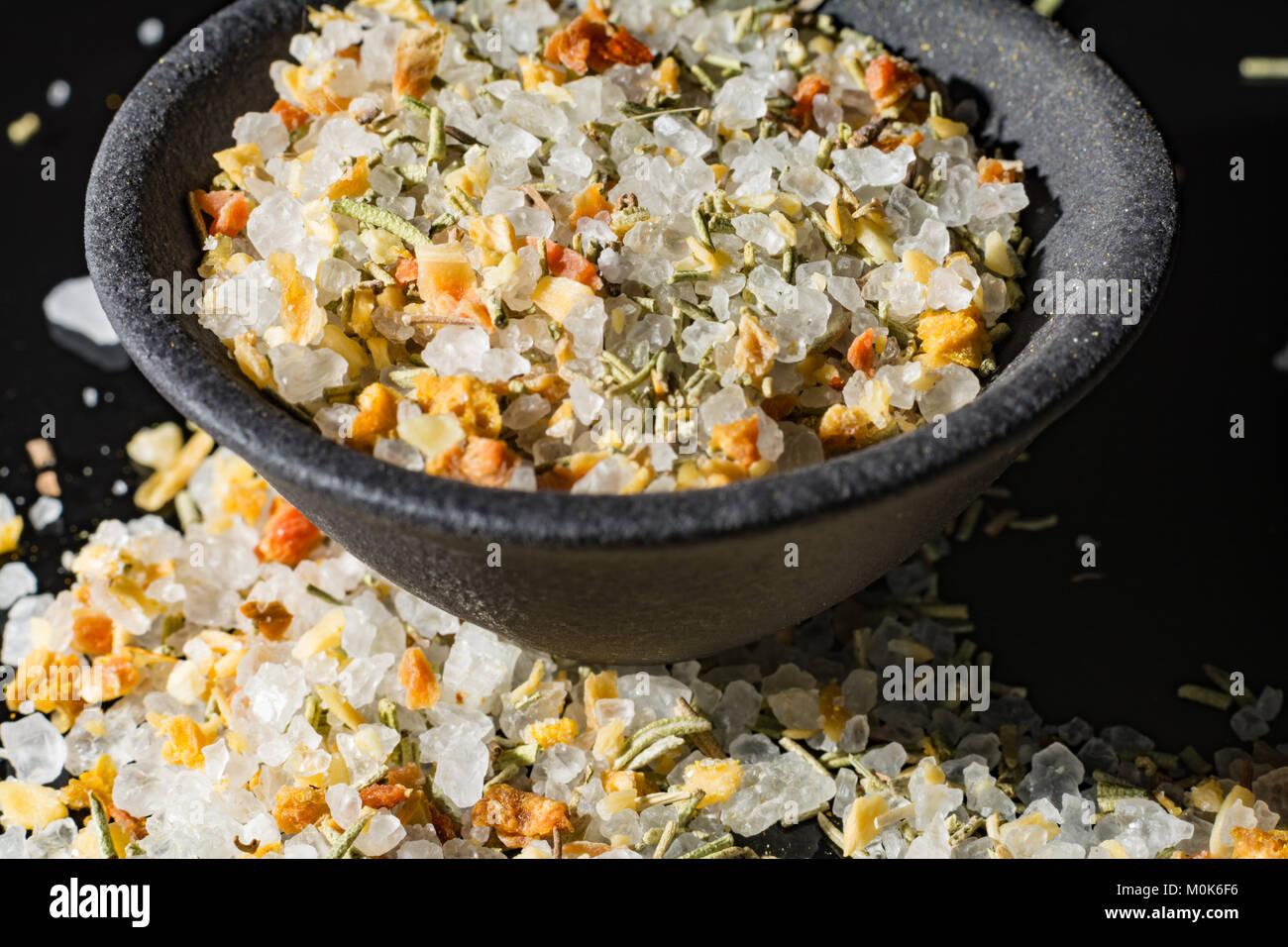 Macro collection, white sea salt mixed with italian herbs, rosemary and ...