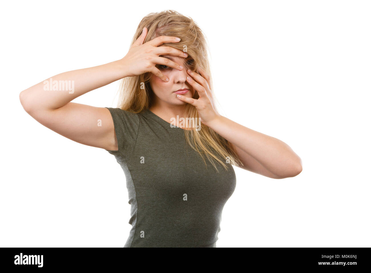 Emotions, embarrassment, awkwardness gestures concept. Ashamed blonde ...