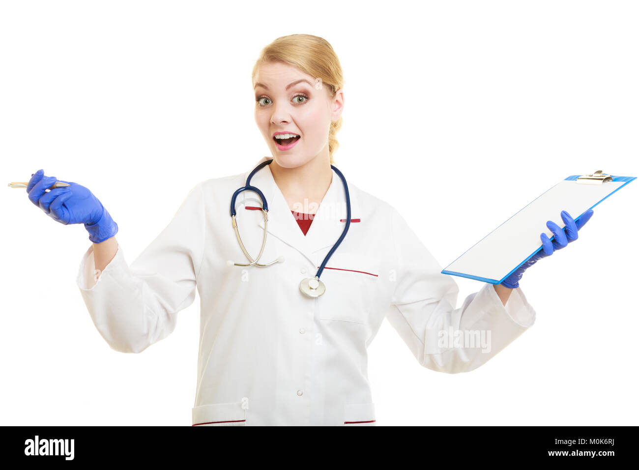 woman in white lab coat with stethoscope. Doctor with clipboard and pen ...