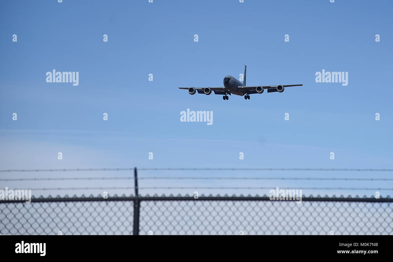A KC-135 Stratotanker descends before landing at McConnell Air Force ...