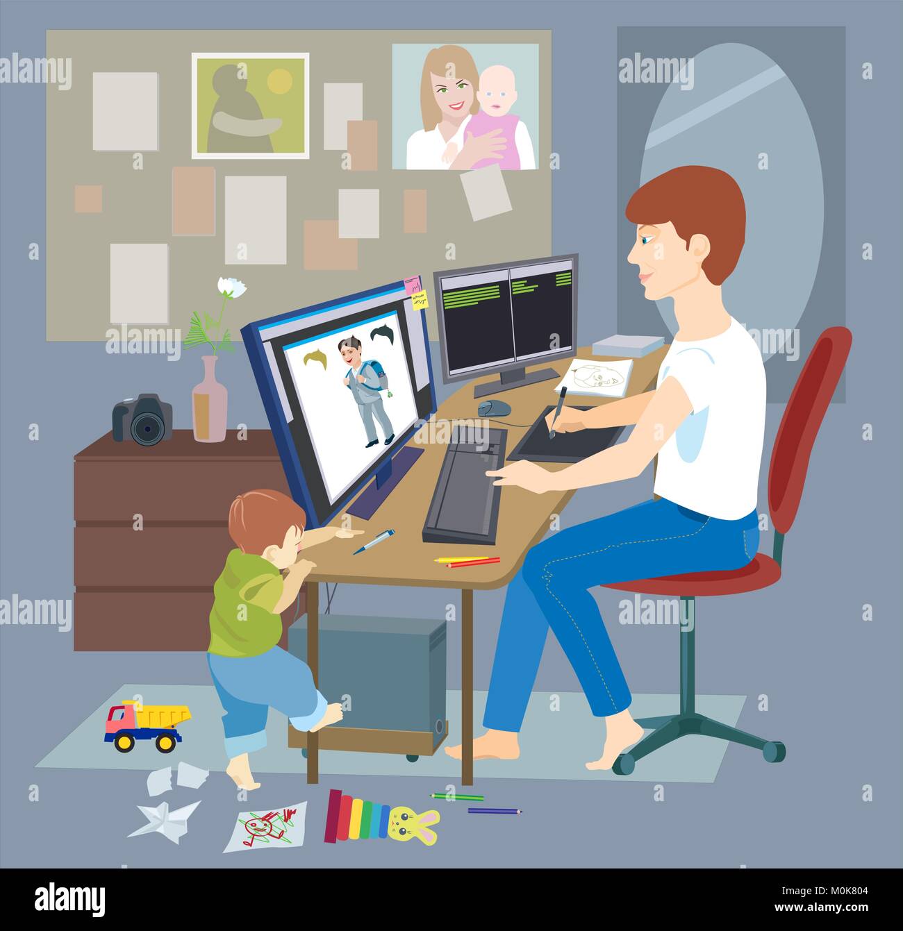 Father working on maternity leave at home and her baby Stock Vector ...